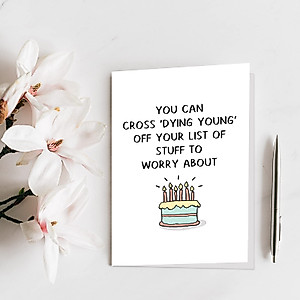 Qiliji Funny Getting Older Birthday Card for Men Women, Humorous Happy Birthday Card for Him Her, Old Age Bday Greeting Card, Cross off Dying Young