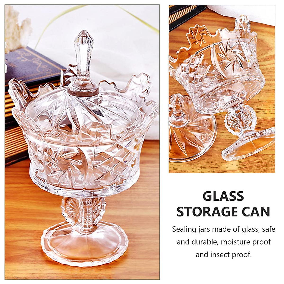 DOITOOL Crystal Glass Candy Dish With Lid Crown Candy Jar Decorative Candy Bowl Crystal Covered Cookie Jar for Home Office Desk