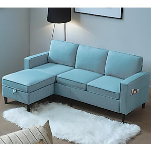 PUREMIND 78 Inches Convertible Sectional Sofa, Linen L-Shaped Sofa Couch with Reversible Storage Ottoman, Wooden Legs, 3-Seat Sectional Couches for Small Space, Apartment, Office (Blue)…