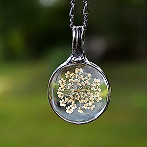 Handmade Queen Annes Lace Necklace - Wildflower in Glass Pendant - Artisan Jewelry Gift for Women - Real Pressed Flowers,