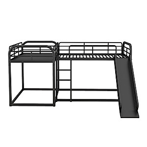 DEYOBED Full and Twin Size Bunk Bed with Slide and Short Ladder, L-Shaped Bunk Bed Frame for 4, Ideal Solid Mental Bed Frame for Kids, Black
