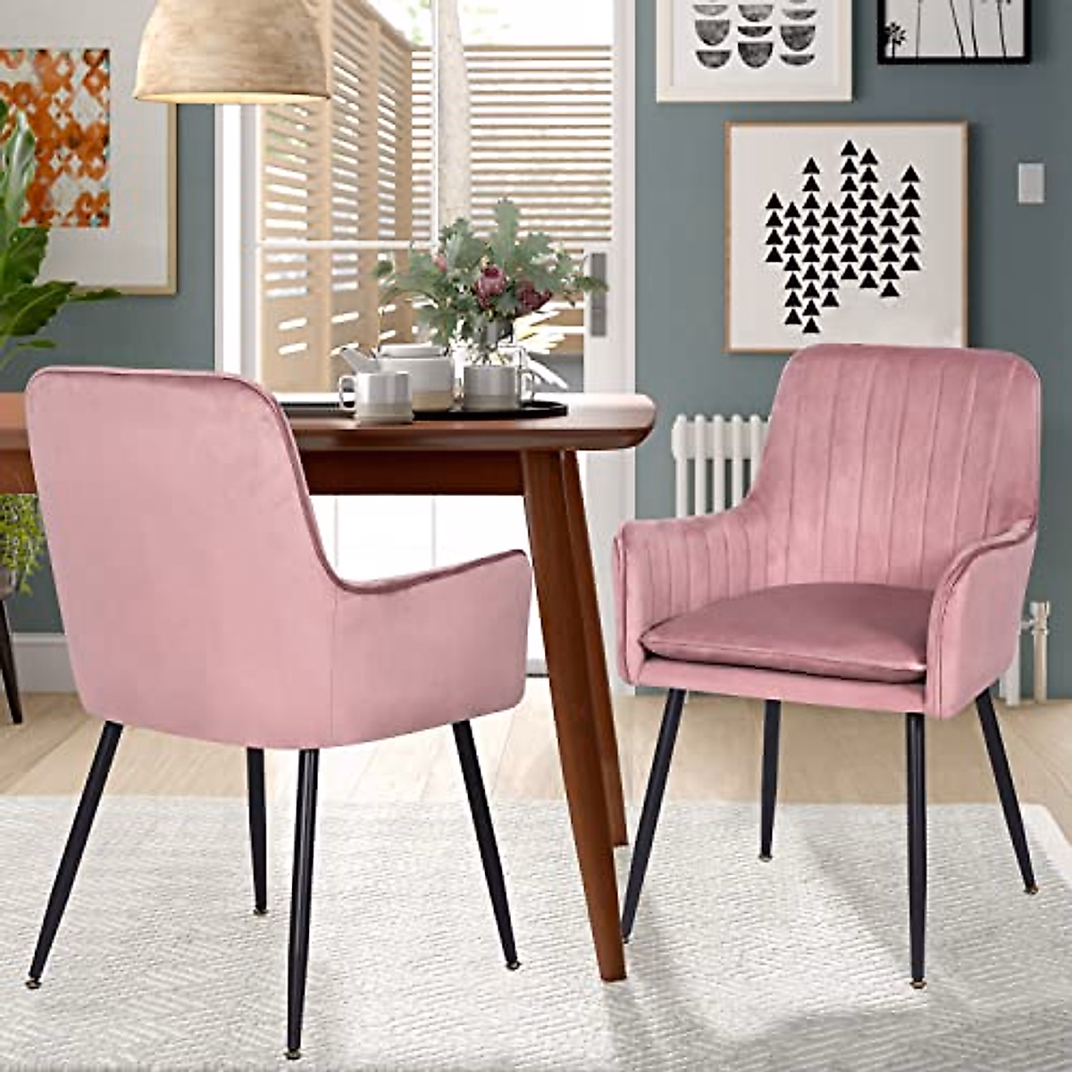 Decent Home Velvet Dining Chair Set of 2 Mid-Back Accent Arm Chairs with Black Metal Legs Modern Leisure Upholstered Seat Living Room Chair Home Desk Chair (Pink-2PCS)