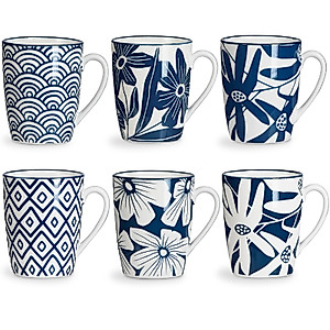 ONEMORE Ceramic Coffee Mugs Set of 6, 12oz - Microwavable Coffee Cups for Tea, Latte - Japanese Style, Scratch Resistant - Vintage Blue