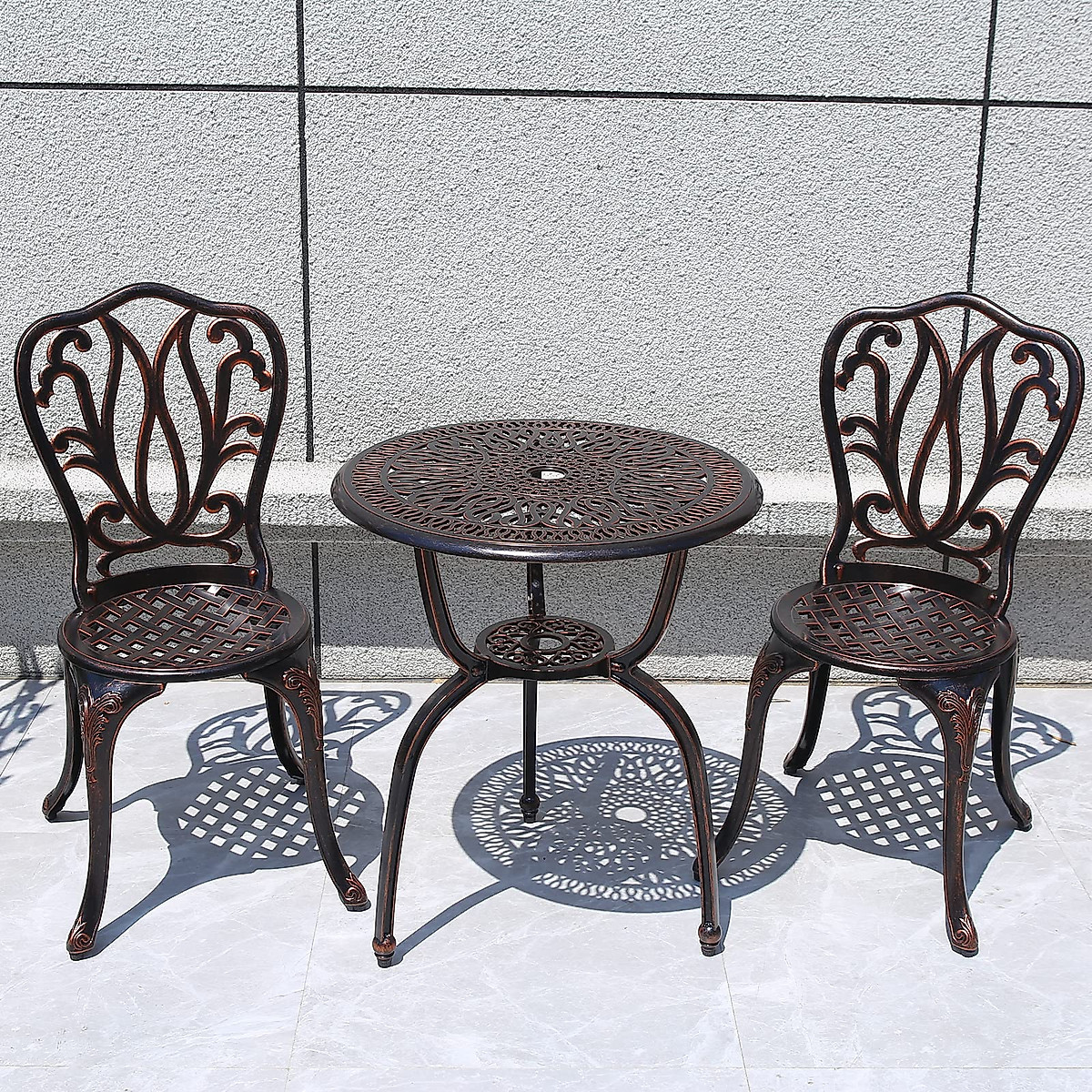 CG 3 Piece Bistro Set, Outdoor Patio Set, Anti-Rust Cast Aluminum Bistro Table Set for Park Yard Front Porch Furniture, Tulip, Antique Copper