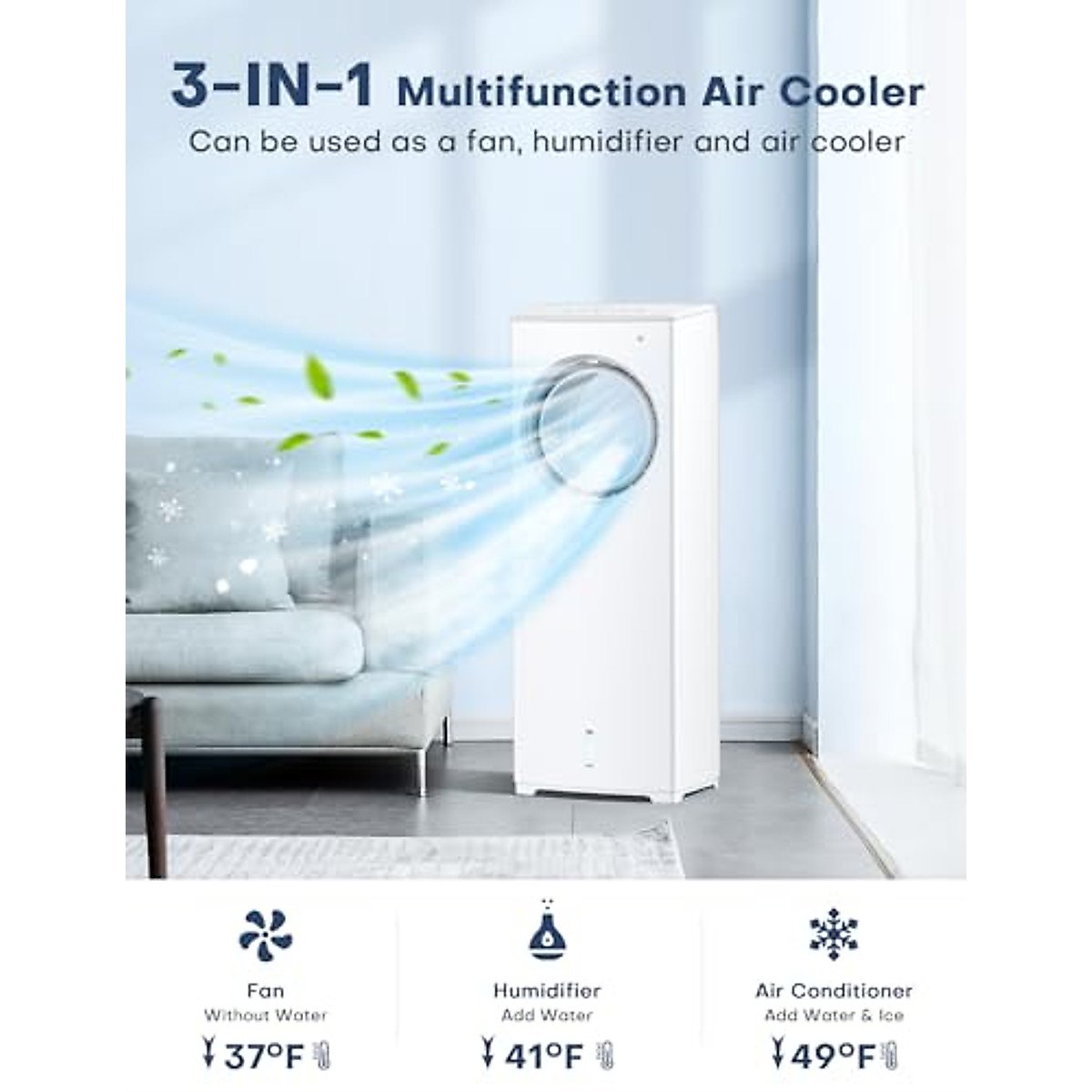 BALKO 3 IN 1 Portable Air Conditioners, 32 INCH Evaporative Air Cooler for Room w/Sleep/Natural/Normal Mode, 3 Speeds, Remote & 1-8H Timer for Auto-Off, 1 Gal Water Tank, Swamp Cooler Bedroom Indoor