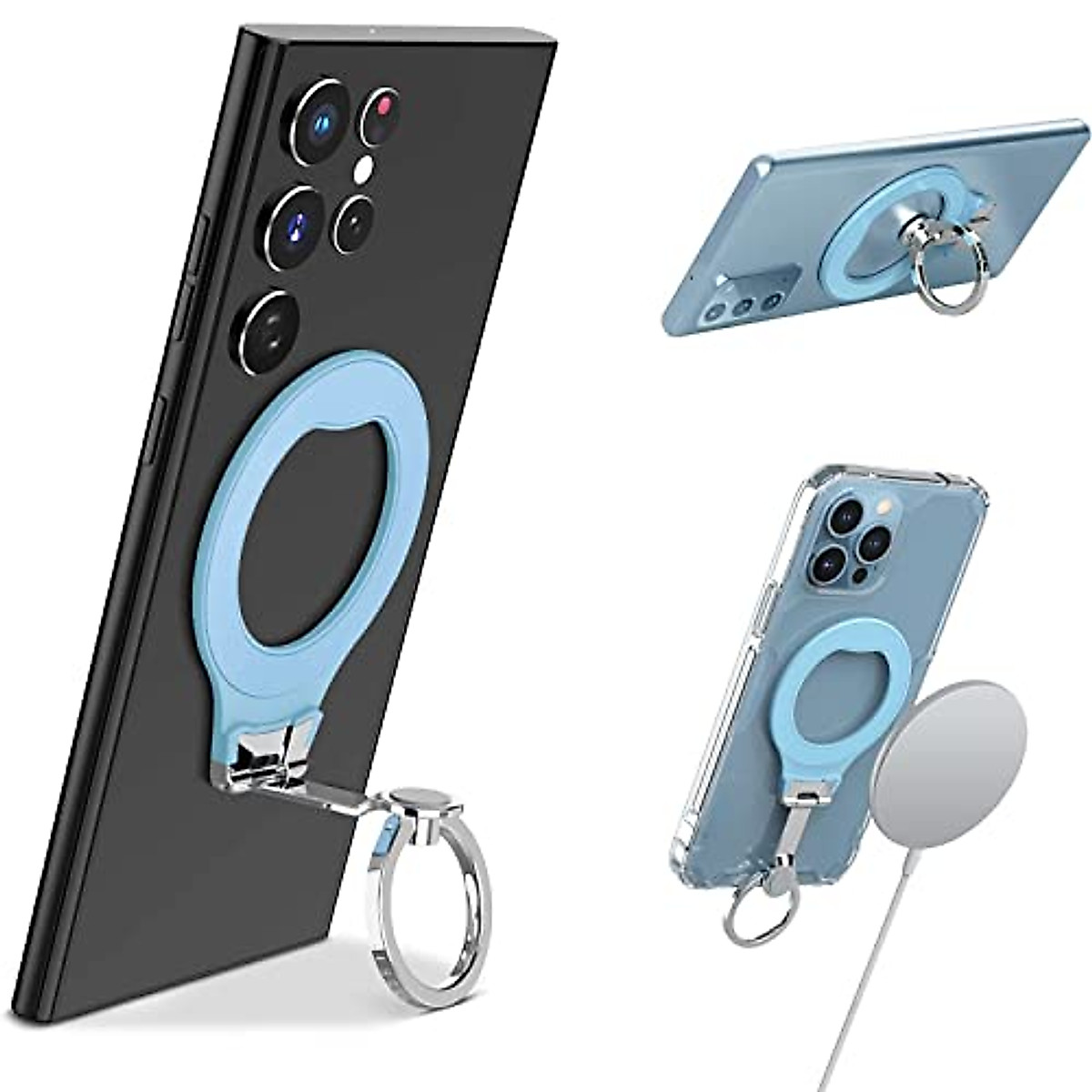 [3-in-1] Cell Phone Ring Holder Stand, 360 Degree Rotation Finger Ring Kickstand with [2X Nylon Phone Lanyard],Compatible with iPhone 13 12 11, Galaxy, Google Pixel and Other Android Phone, Blue