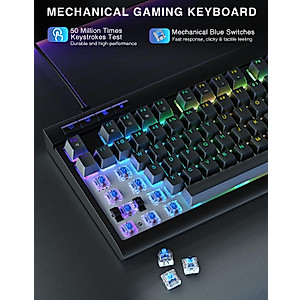 GOYIGO Mechanical Keyboard Clicky Blue Switches,75% TKL RGB Backlit Gaming Keyboard,Full Keys Anti-ghosting Programmable,USB-C Wired Computer Keyboards for PC/Mac,Black