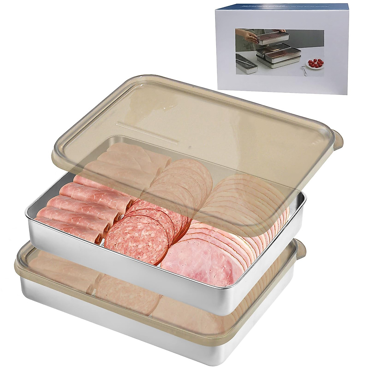 MUUBOOX 2 Pack Large 304 Stainless Steel Airtight Deli Meat Storage Container for Fridge,Kitchen Meat Saver Storage Container/Bacon storage container for fridge