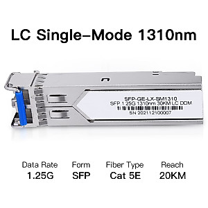 10 Pack 1.25G SFP LC Module 1000Base-LX (SMF,1310nm,20km,DDM) Single-Mode Transceiver for Cisco GLC-LH-SMD,Ubiquiti UniFi,Meraki MA-SFP-1GB-LX10,Fortinet,Mikrotik,TP-Link,Netgear,TL-SM311LS,D-Link