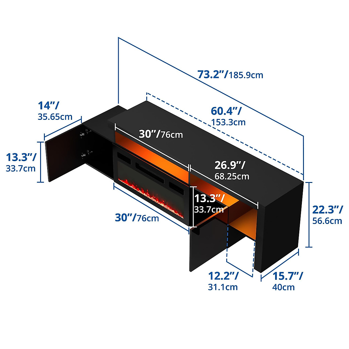 Cozy Castle Extra Long 73.2" Fireplace TV Stand up to 85" TV, High Gloss Entertainment Center with 30" Electric Fireplace, LED Lights and 2 Storage Cabinets, Modern Media Console with Charging Station