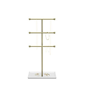 Umbra Trigem Hanging Jewelry Organizer Tiered Tabletop Countertop Free Standing Necklace Holder Display, 3, Brass/White