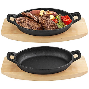 Cast Iron Skillet with Wooden Base, 2 Sets Mini Cast Iron Fajita Plate with Base, Anti-Scald Wooden Base Cast Iron Baker, Matte Black Small Cast Iron Pan for Dinner, BBQs, Kitchens, Restaurants