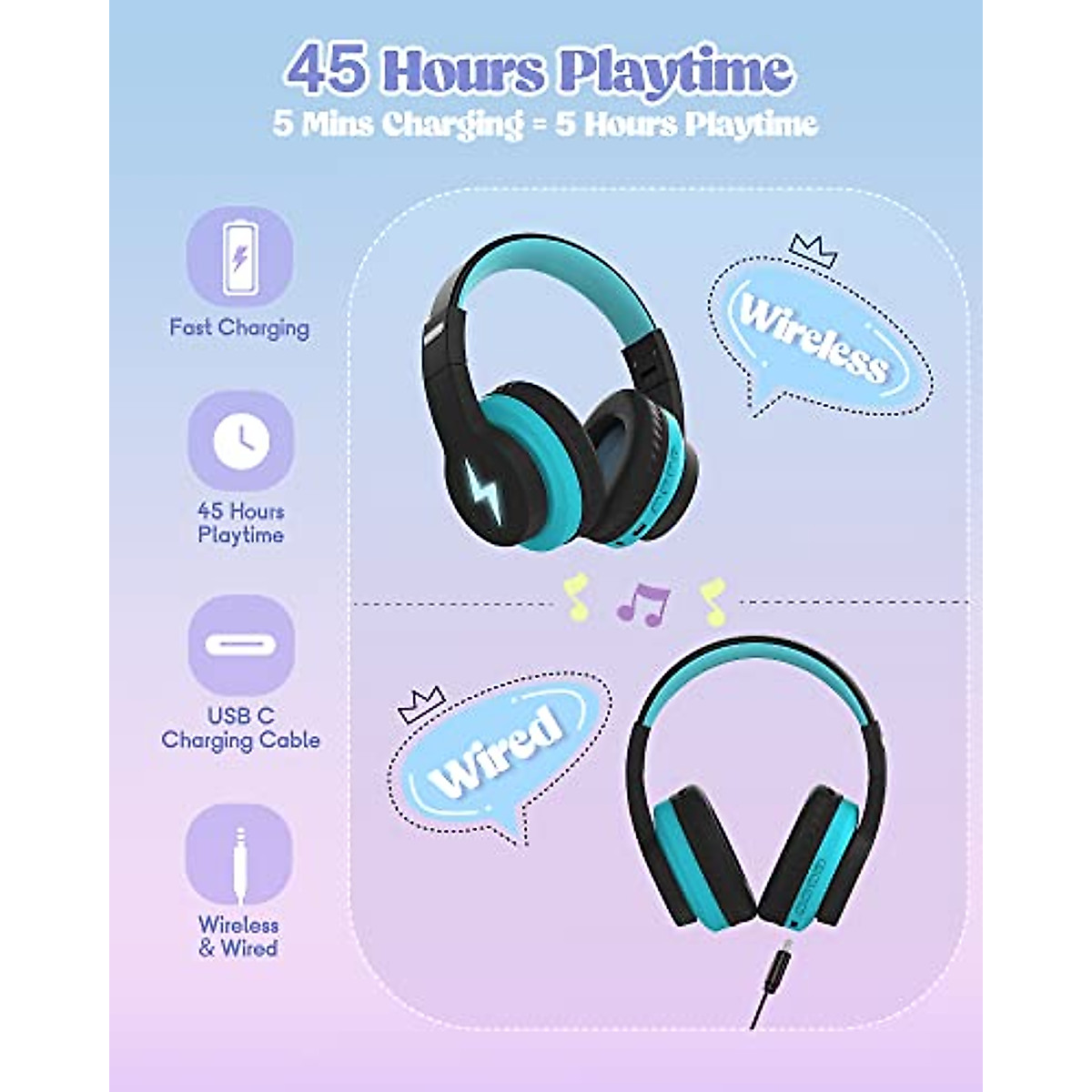 Kids Bluetooth Headphones, Colorful Wireless Over Ear Headset with LED Lights, Built-in Mic, 45H Playtime, 85dB/94dB Volume Limited Headphones for Boys Girls iPad Tablet School Airplane (Blue)