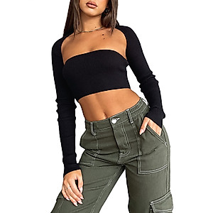 Remidoo Women's Bolero Top Rib Knit Open Front Sexy Long Sleeve T Shirt Crop Tops Black Small