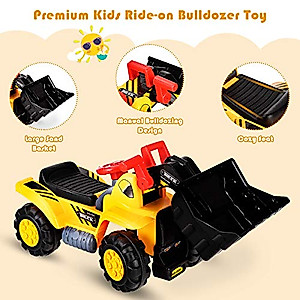 Giantex Ride On Bulldozer Truck for Kids, Excavator Digger Construction Vehicles, Pretend Play Sliding Tractor, w/ Multiple Sounds, Push Bucket, Low Seat, Anti-Skid Tires, Front Loader Ride-On Large