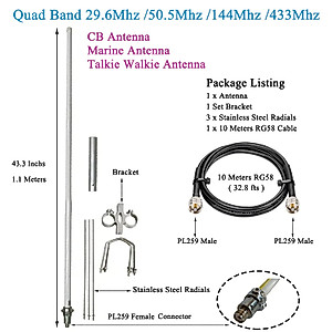 CB Radio Antenna Marine Talkie Walkie Base Station Antennas Boat VHF UHF 29.6/50.5/144/433Mhz Fiberglass Outdoor PL259 for Boat Car RV Uniden Icom Yaesu Cobra Midland Hand Held CB Radio System