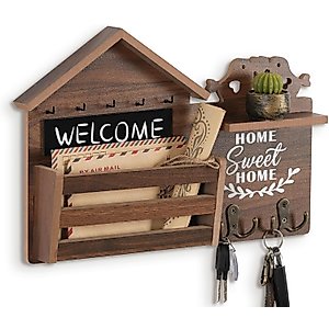Dhmkfly Key and Mail Holder Wall Mounted with 9 Hooks, Mail Organizer for Wall Decorative, Wooden Key Rack Wall File Organizer Letter Sorter for Magazines Keys