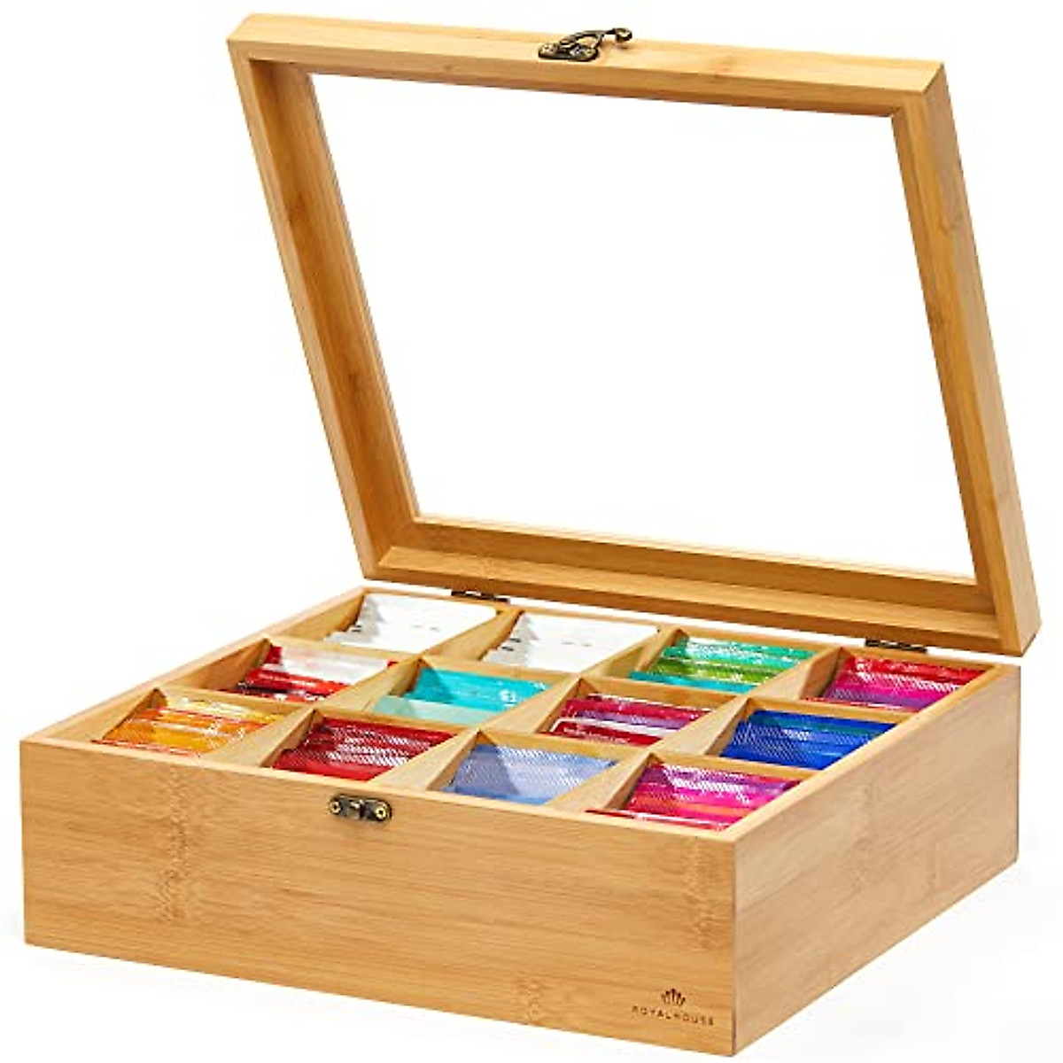 RoyalHouse Big Natural Bamboo Tea Storage Organizer with Clear Acrylic Top Window, 12 Compartments Eco-Friendly Tea Bag Holder, Multi-Functional Storage Box