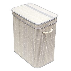 Home Basics 2 Compartment Foldable Rectangle Bamboo Hamper with Liner (Grey)