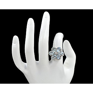 March Birthstone Natural 7X5 MM Oval Cut Aquamarine & Small White Topaz Gemstone 925 Sterling Silver Cluster Ring Wedding Jewelry Women Ring Gift For Her (Rhodium Plated Silver, 7)