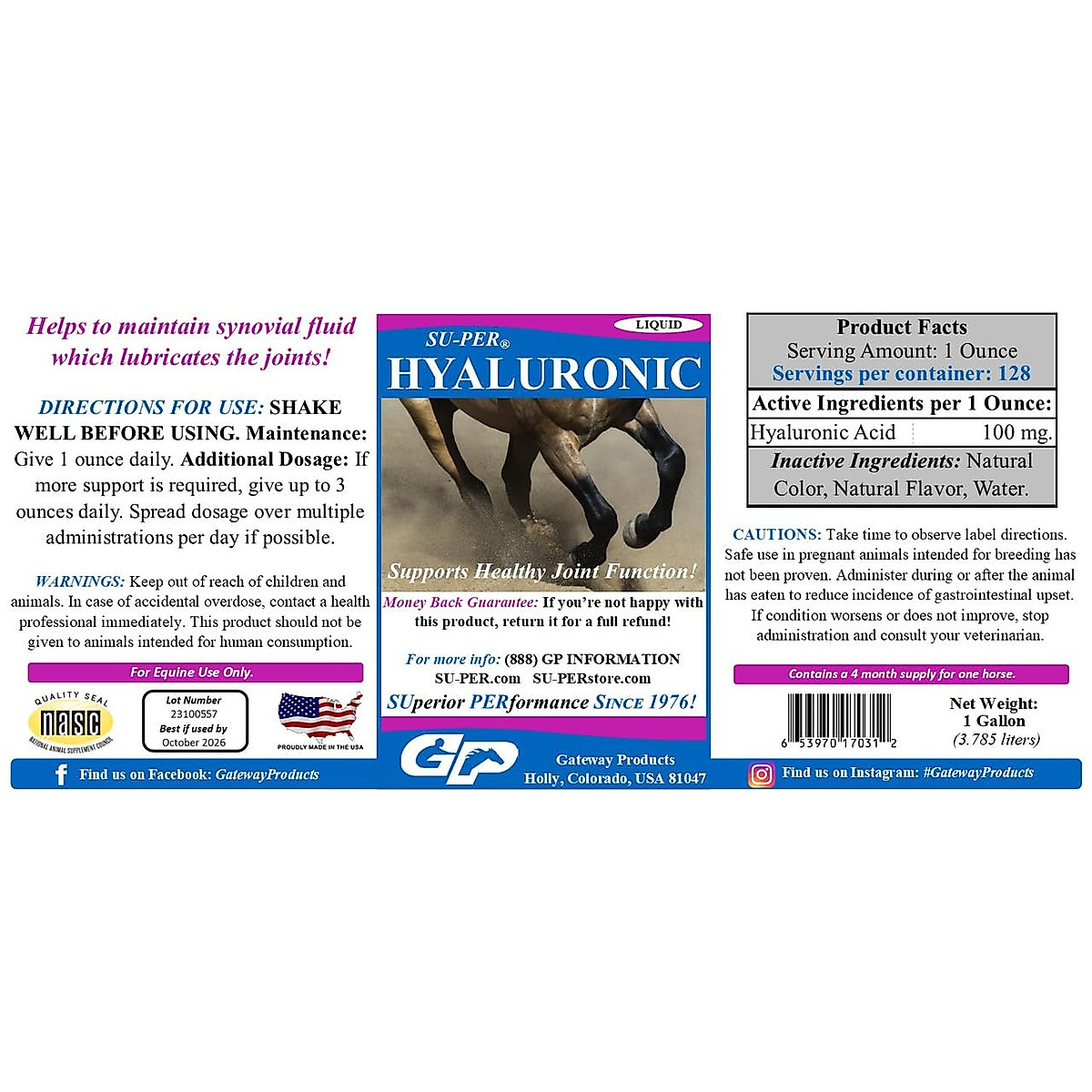 SU-PER Hyaluronic Joint Supplement for Horses - Supports Joints Health & Lubrication - Horse Hyaluronic Acid Liquid - 1 Gallon, 4 Month Supply