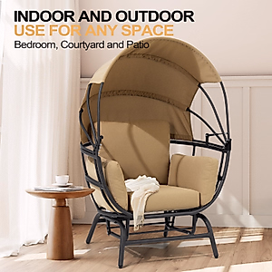 Crestlive Products Egg Chair Outdoor Indoor, Glider Chair with Folding Canopy, All Weather Aluminum Oversized Lounge Chair w/Cushion & Sun Shade Cover for Living Room, 350lbs Capacity (Black&Tan