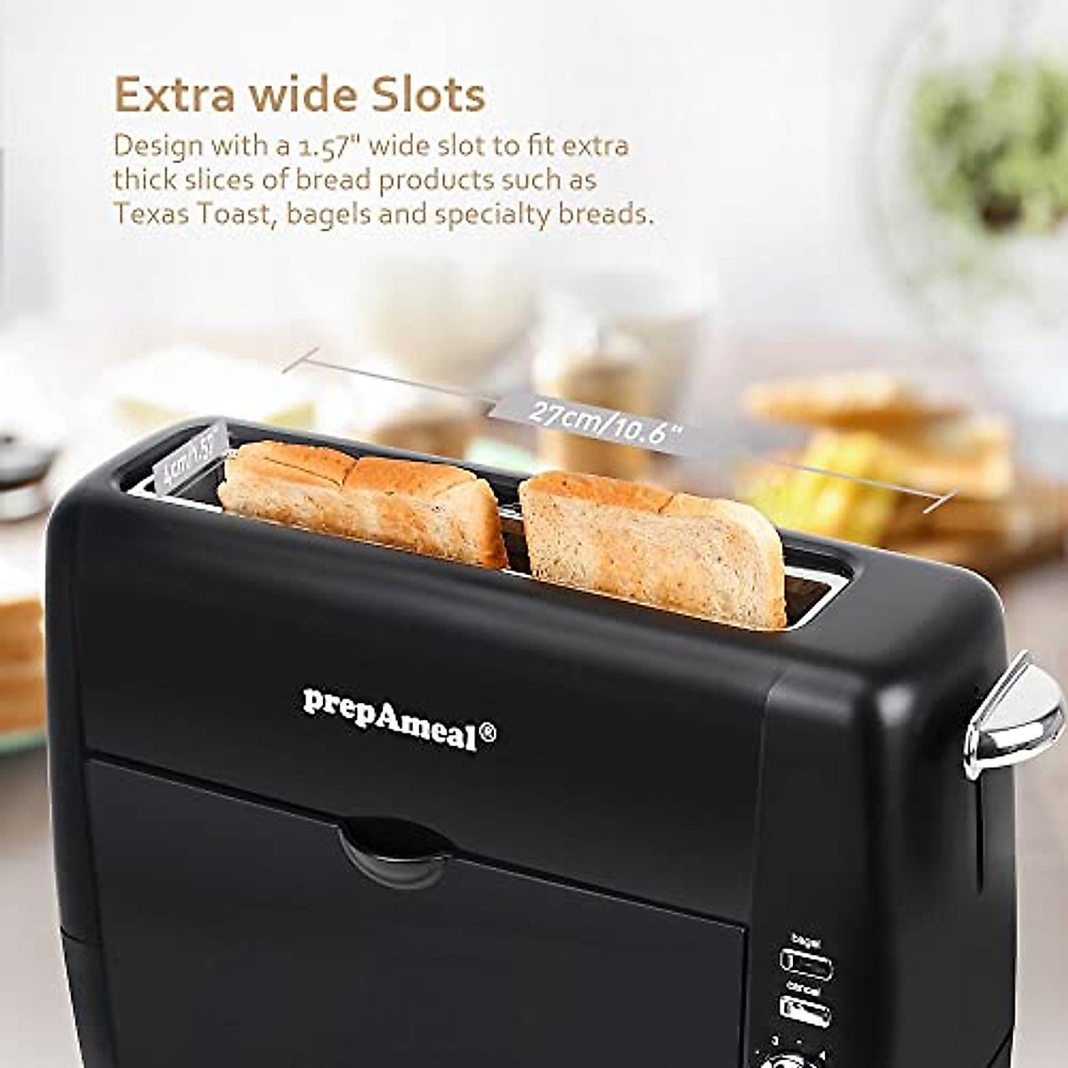 prepAmeal Long Slot Toaster 2 Slice Toaster with 6 Shade Settings, Bagel/Cancel, Extra Wide Slots, Removable Crumb Tray, for Bagels, Waffles, Breads, Puff Pastry, Snacks (2-Slice, Black)