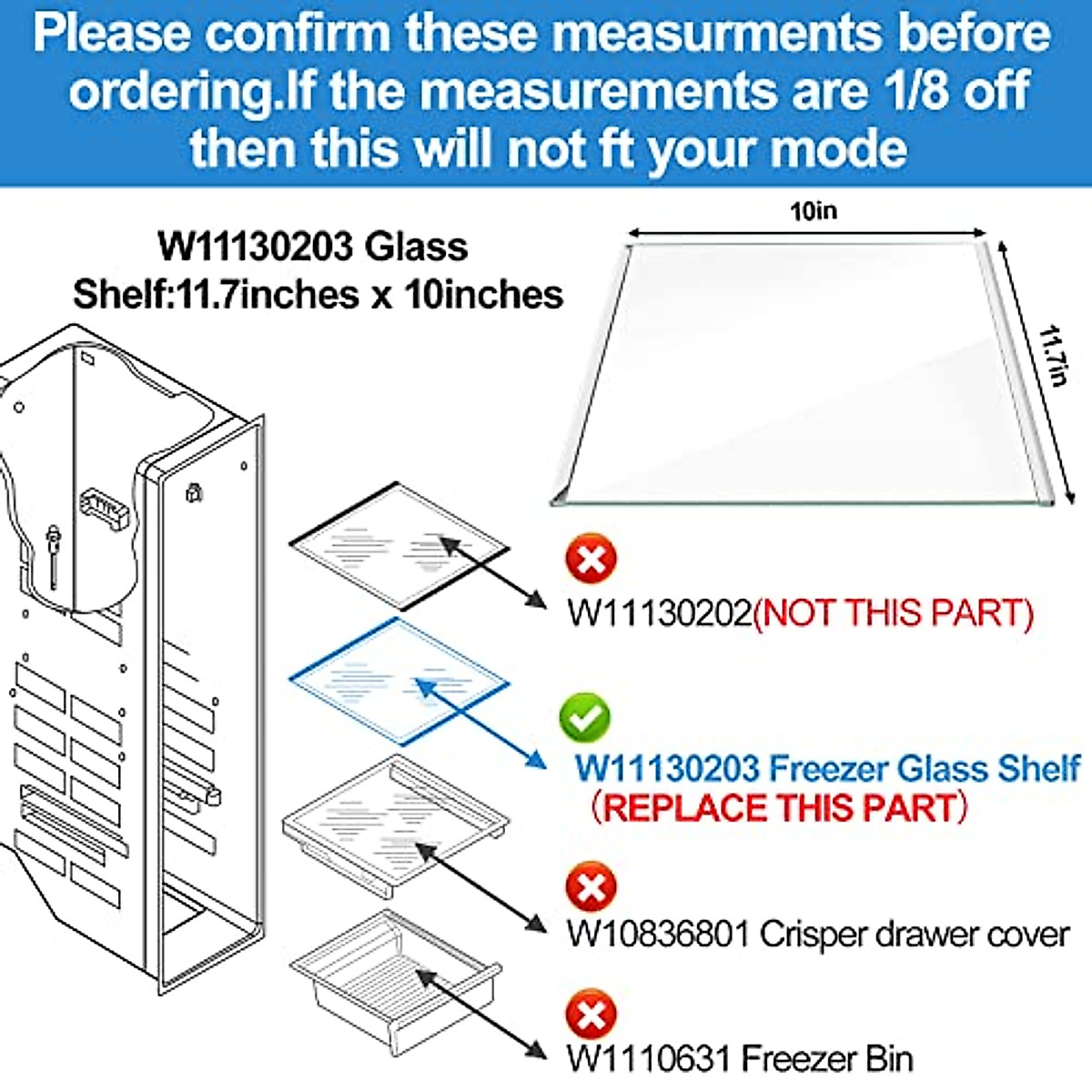 UPGRADED W11130203 Freezer Glass Shelf Replacement Compatible with Whirlpool Refrigerator Freezer Shelf Replacement Glass Shelves Parts W10527849 W10773887 WRS571CIHZ04 Freezer Shelf,WRS571 Series