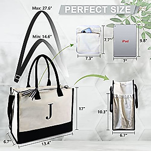 BeeGreen Initial Tote Bags For Women 13oz Canvas Tote Bag with Zipper and Shoulder Strap Embroidery Beach Bag Teacher Tote Bag with Side Pockets Monogrammed Personalized Tote Bags For Mom Mother Her