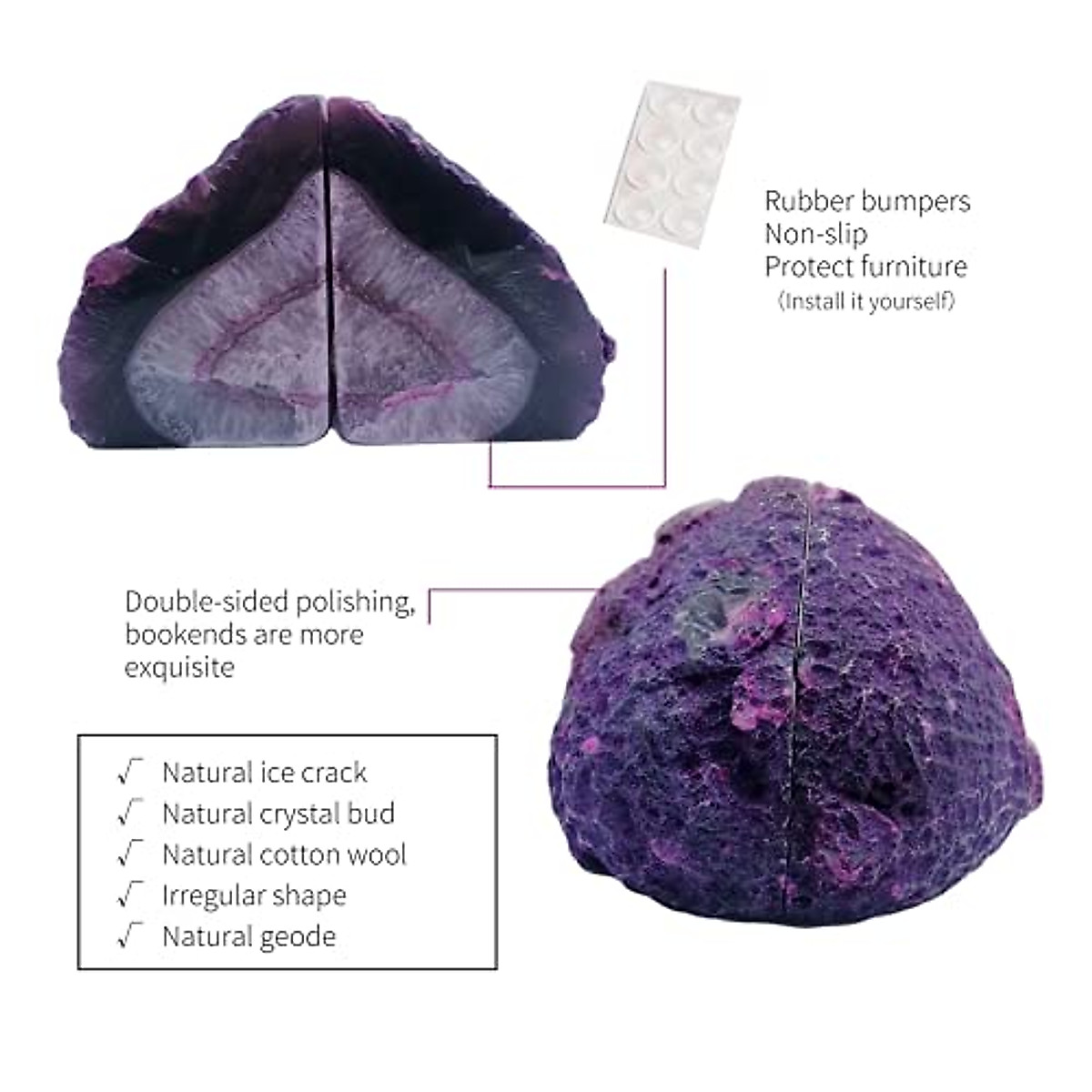 Geode Bookends Agate Decor Book Ends Unique Crystal bookend Dyed Purple for Home Decorative 1 Pair 4-5 Lbs