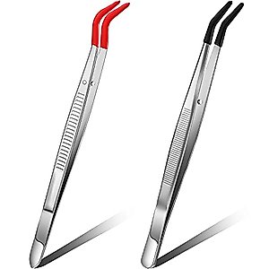 2 Pieces Tweezers curved Bent Tip Tweezers with Rubber silicone Tips PVC Coated Non Marring Soft Long Rubber Tips Tweezers Stainless Steel Hobby Jewelry Crafts Tools for Lab Jewelry Making, Red Black