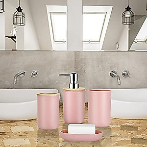 iMucci Bathroom Accessories Set 5Piece Plastic Bathroom Decor Sets Accessories, Toothbrush Holder, Toothbrush Cup, soap Dispenser, soap Dish(Pink Bamboo Cover)