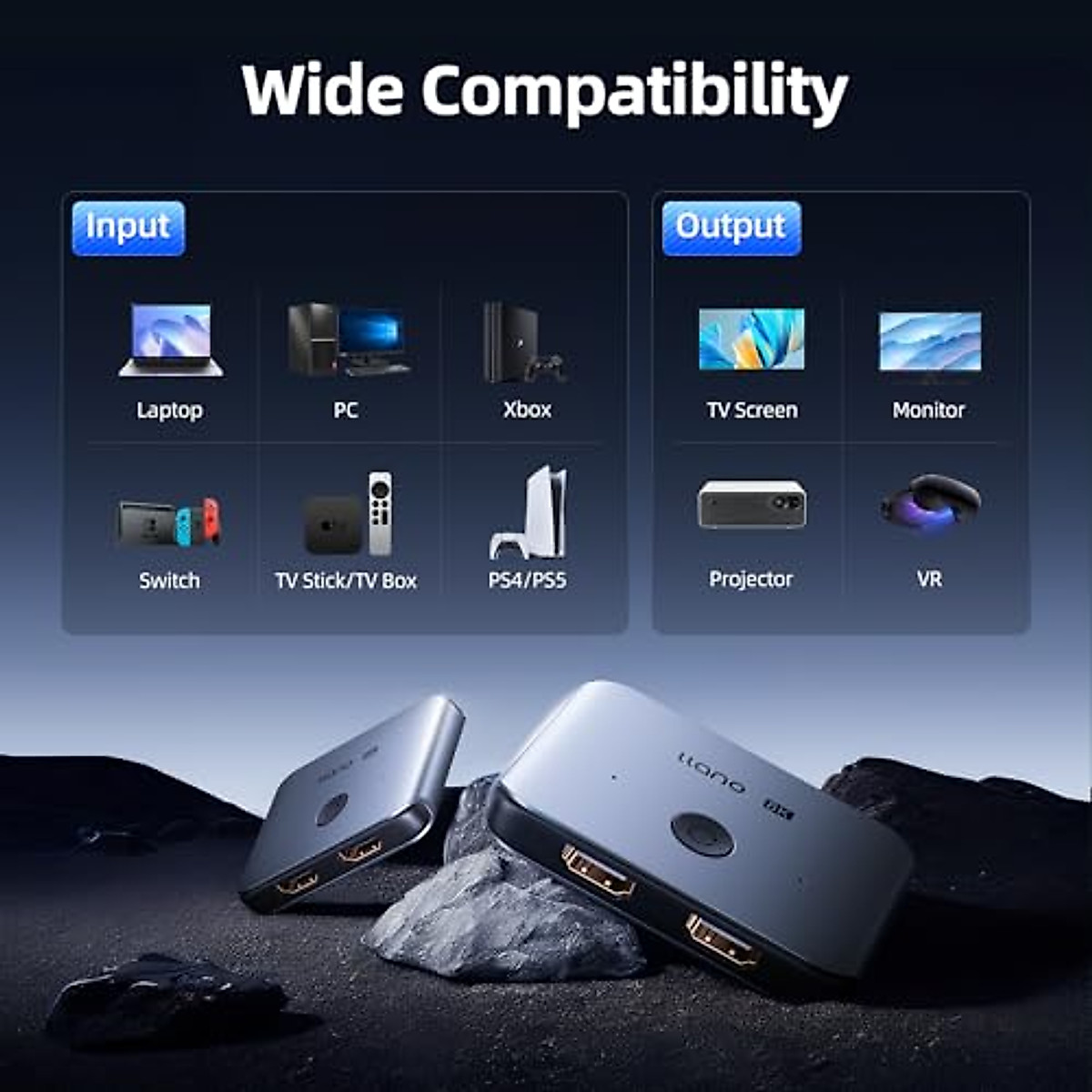 llano HDMI 2.1 Switch 8K HDMI Switcher, 4K@120Hz HDMI Bidirectional Switcher Splitter Supports 8K@60Hz, Aluminum HDMI Switcher Selector for PS4/PS5 Xbox Roku Apple TV Fire Stick Sony TV