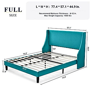 Allewie Full Size Bed Frame, Platform Bed Frame with Upholstered Headboard, Modern Deluxe Wingback, Wood Slat Support, Mattress Foundation, Peacock Green