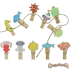 SaktopDeco 40 Counts Mini Ocean Nautical Wooden Clothespins with Jute Twine Small Sea Wood Decorative Clips for Pictures Memo Card Photo