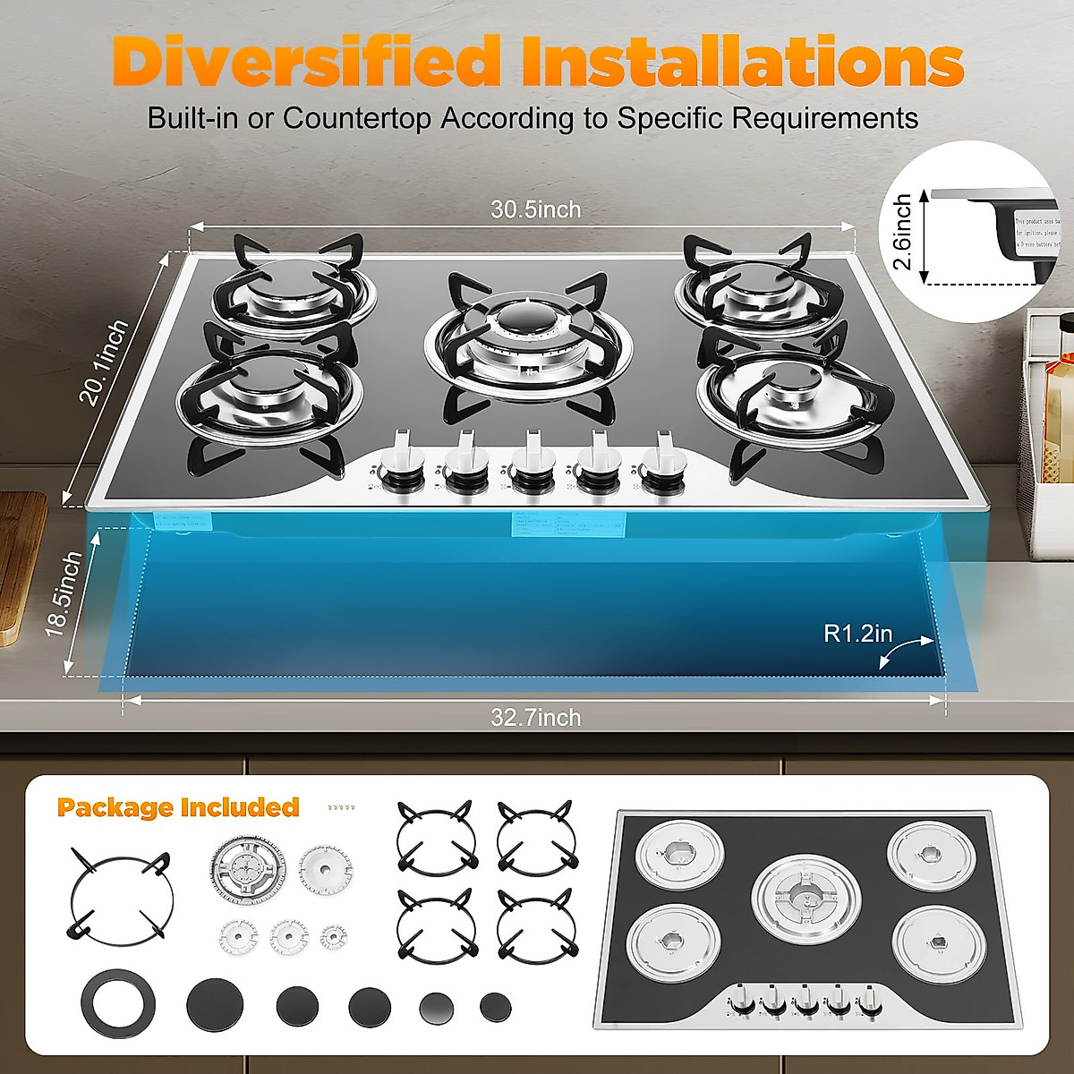 5 Burner Gas Stove Cooktop, 30 Inch Built-in Gas Hob for LPG/NG Dual Fuel Convertible, Flame-out Protection, Tempered Glass Surface, Easy to Clean - Ideal for Home Kitchen Restaurant
