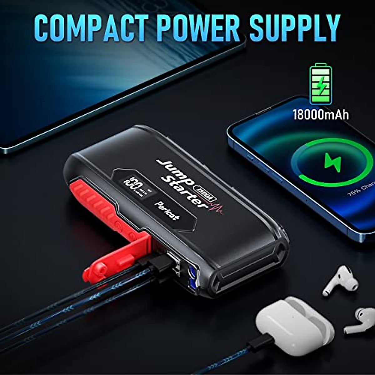 Jump Starter Pericat, 1500A Car Battery Jump Starter (7.0L Gas/5.5L Diesel), 12V Portable Car Jump Starter with LCD Display, Quick Charger Smart Jump Cables and LED Flashlight