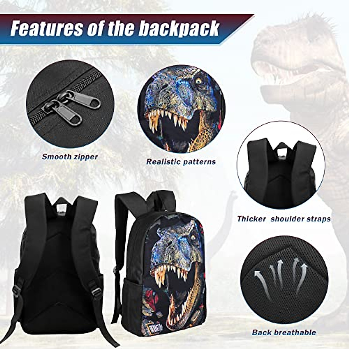 Cool 3D Printing Dinasaur School Backpack For Boys Girls School Book Bags + Pen Bag + Lunch Bag (Dinasaur School Backpack A)