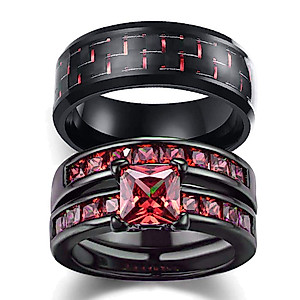 LOVERSRING Two Rings His and Hers Couple Ring Bridal Set His Hers 3pc Women Black Gold Filled Red Cz Man Stainless Steel Wedding Ring Band Set