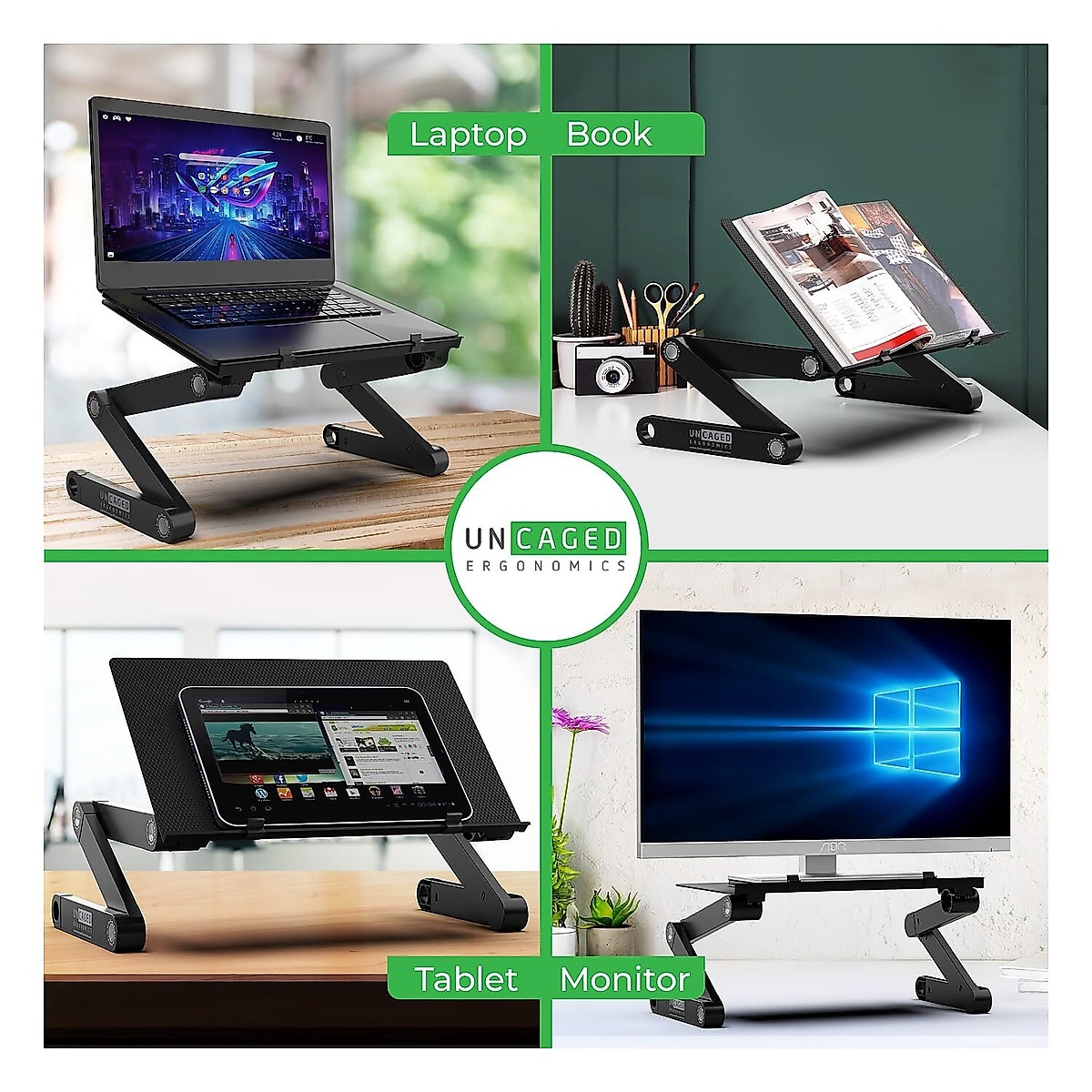 WorkEZ PROFESSIONAL Ergonomic Aluminum Laptop Cooling Stand Lap Desk Tray for Bed Couch. Foldable adjustable height angle tilt notebook computer riser folding desktop holder portable, Black