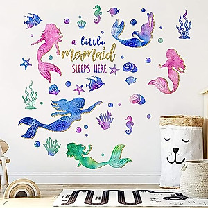 Yovkky Baby Girls Mermaid Wall Decals Stickers, Under The Sea Ocean Creatures Fish Conch Bubble Glitter Nursery Kids Room Crib Decor, A Little Mermaid Sleeps Here Home Decorations Bedroom Art