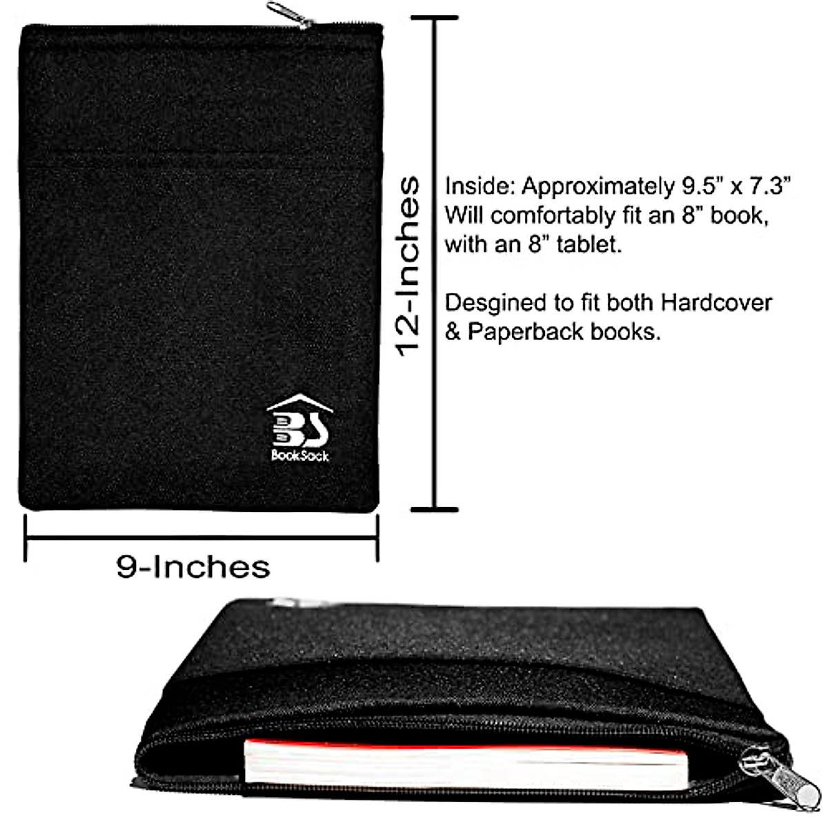Book Sack Book Sleeve with Zipper – Book Protector. Paperback/Hardcover Book Carrying Case (Black Large)