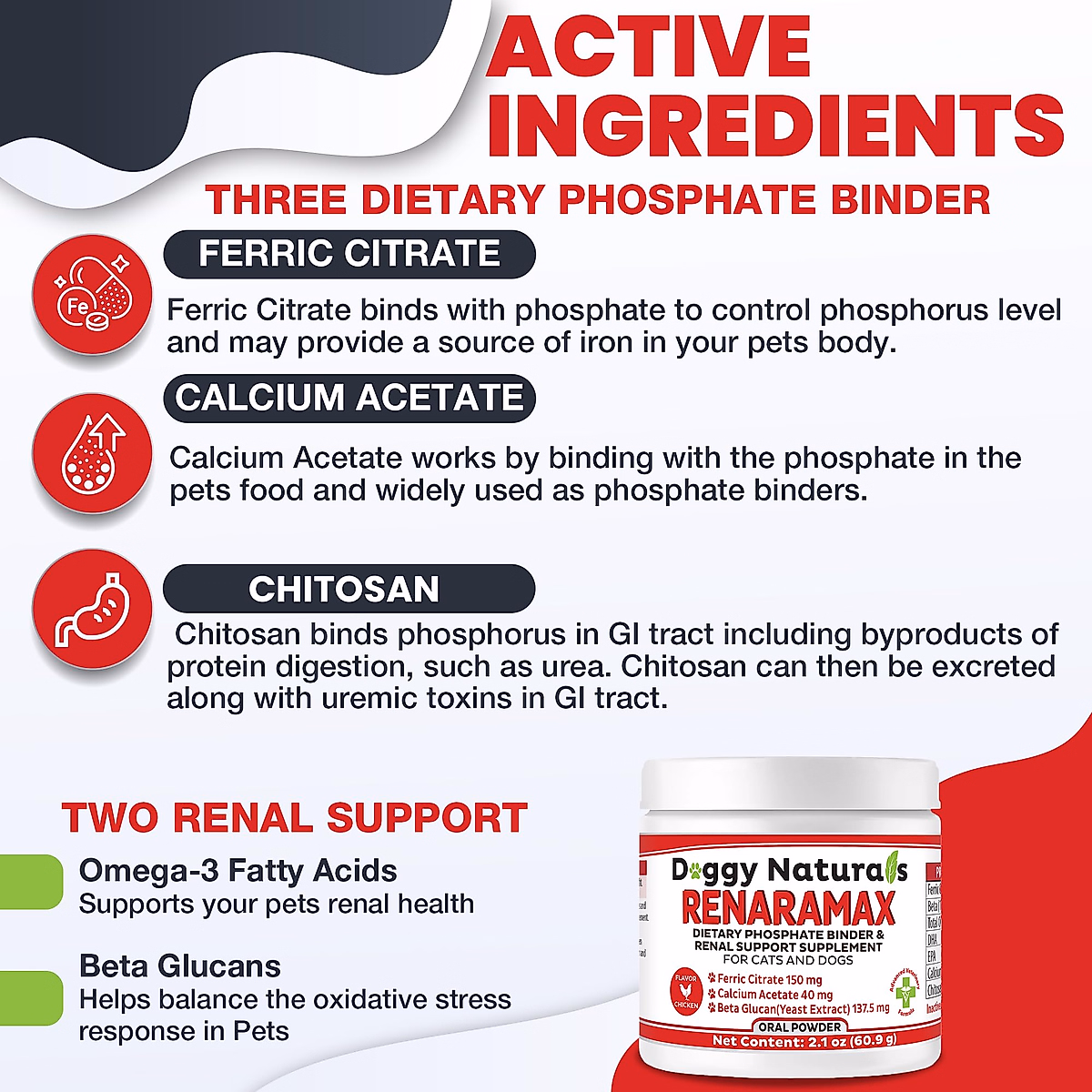 RENARAMAX Dietary Phosphate Binder for Cats & Dogs and Renal Support Supplement Powder for Pets, 120 dose (60.9 g) - (Made in U.S.A)