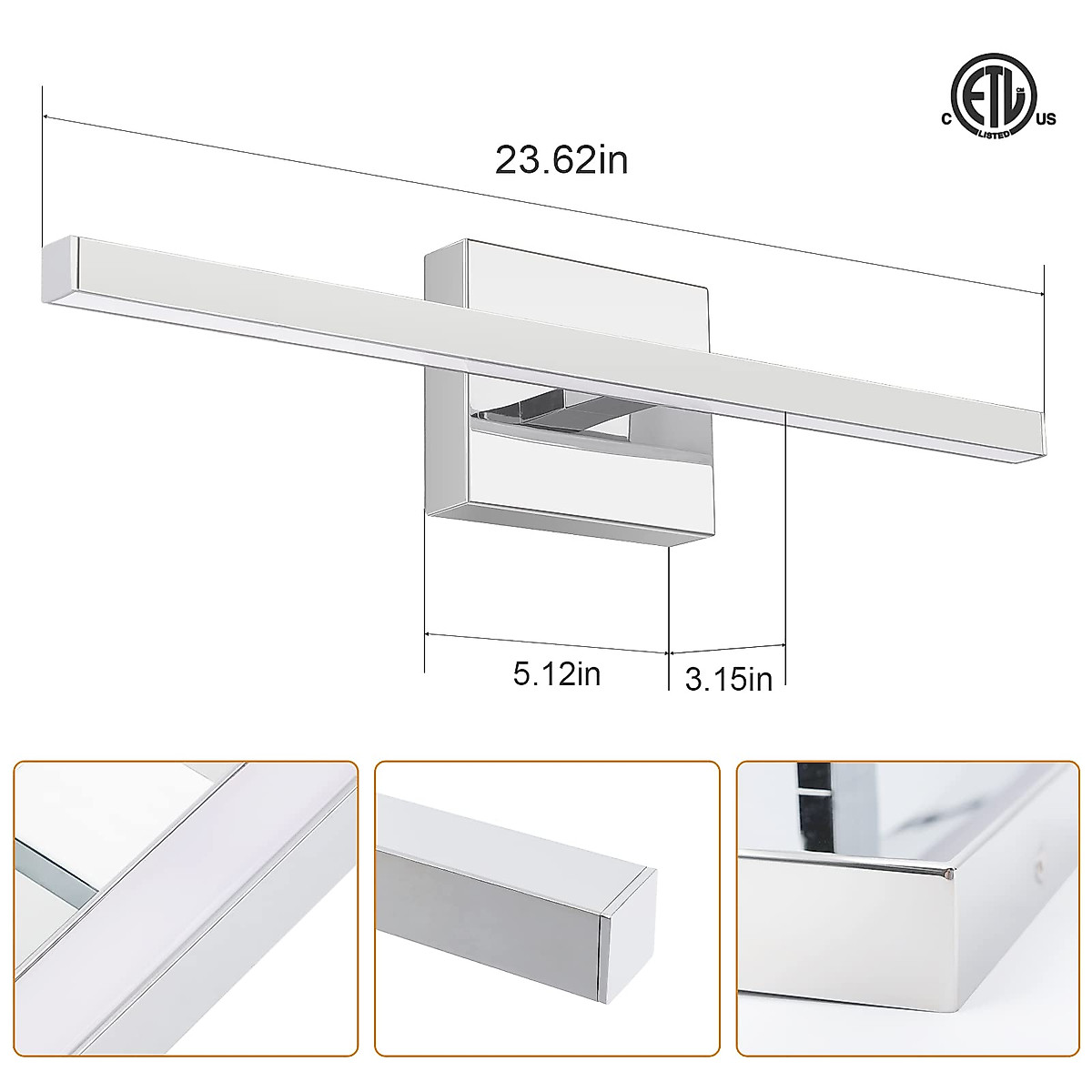 VOLISUN Modern Bathroom Vanity Light 23.6 inch, 14W Dimmable 5CCT Led Bathroom Light Fixture Over Mirror, Chrome Bar Wall Lights for Bathrooms Mirror Cabinets Bedroom-ETL Certificated
