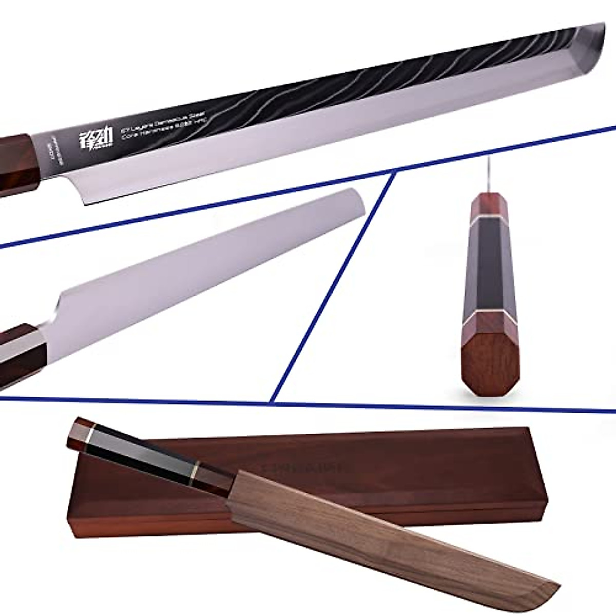 FINDKING Prestige Series Sakimaru Knife with Walnut Cover, Japanese SKD11 Damascus Steel Blade, Ebony Wood Octagonal Handle, Professional Sashimi Sushi Fish Knife (10.5 Inches, with Wooden Gift Box)