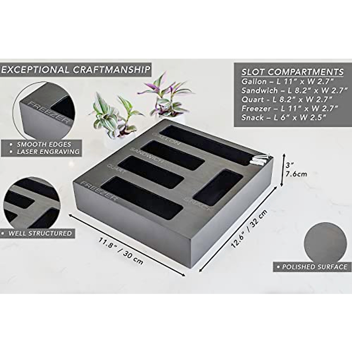 Sloane Harlow Bamboo Ziplock Bag Storage Organizer - 5-in-1 Baggie Organizer, Laser Engraved Ziplock Bag Organizer with extra Storage Slot, Ziplock Storage Bag Holder for Kitchen organization-Black