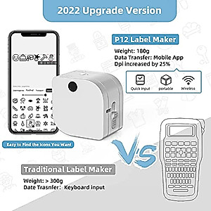Bluetooth Label Maker, P12 Label Printer Compatible with iOS, Android, Easy-to-Use App, Great for School Home Office Organization Outdoor Use, Includes 1 Label Tapes