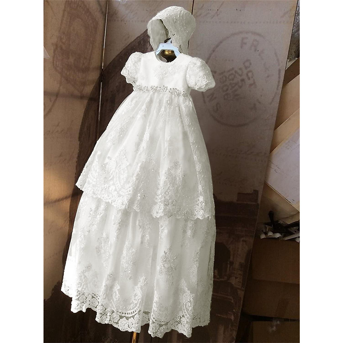 Newdeve Long Baptism Dresses for Baby Girls Christening Gowns Toddler with Bonnet White
