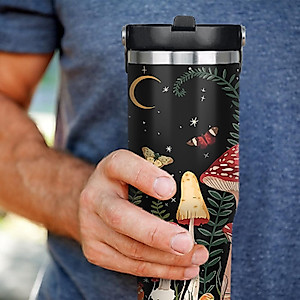 thmasamwr Mushroom Tumbler with Lid and Straw, Stainless Steel Mushroom 30oz Tumbler with Handle, Black Mushroom Travel Coffee Mug Mushroom Gifts Cups for Women and Men