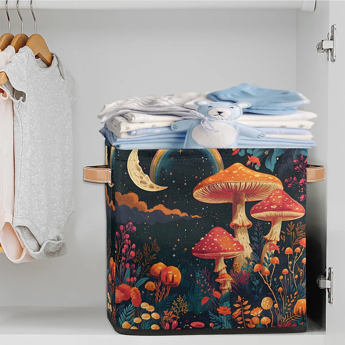 Mardesigns Mushroom Cube Storage Bins 13 x 13 x 13 Inch Botanical Floral Moon Fabric Foldable Storage Cubes Basket Boxes with PU Handles for Shelves Closet Bedroom Organizer Clothes